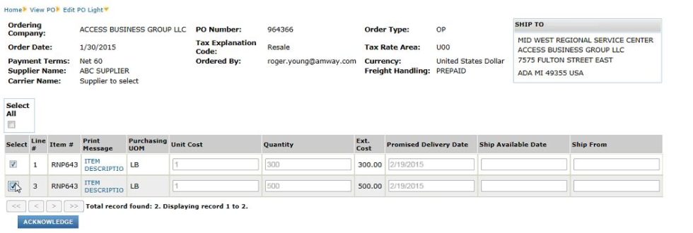 PO Acknowledgement | ABG Supplier Portal